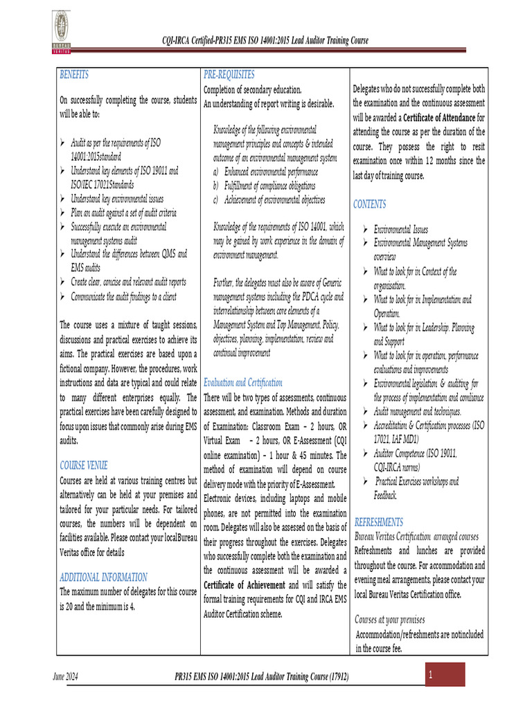 Course Brochure-PR 315 EMS ISO 14001-2015 Lead Auditor-17912 | PDF | Audit | Environmental ...