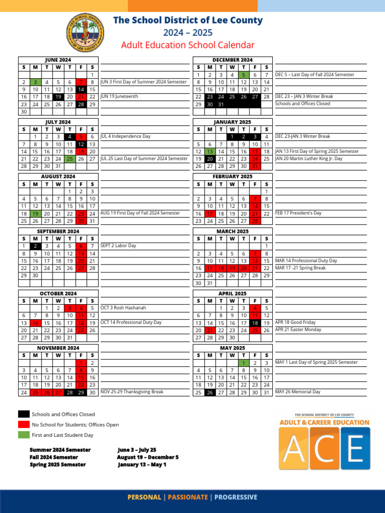 2024-25 ACE Instructional Calendar | PDF | Academic Term | Holidays