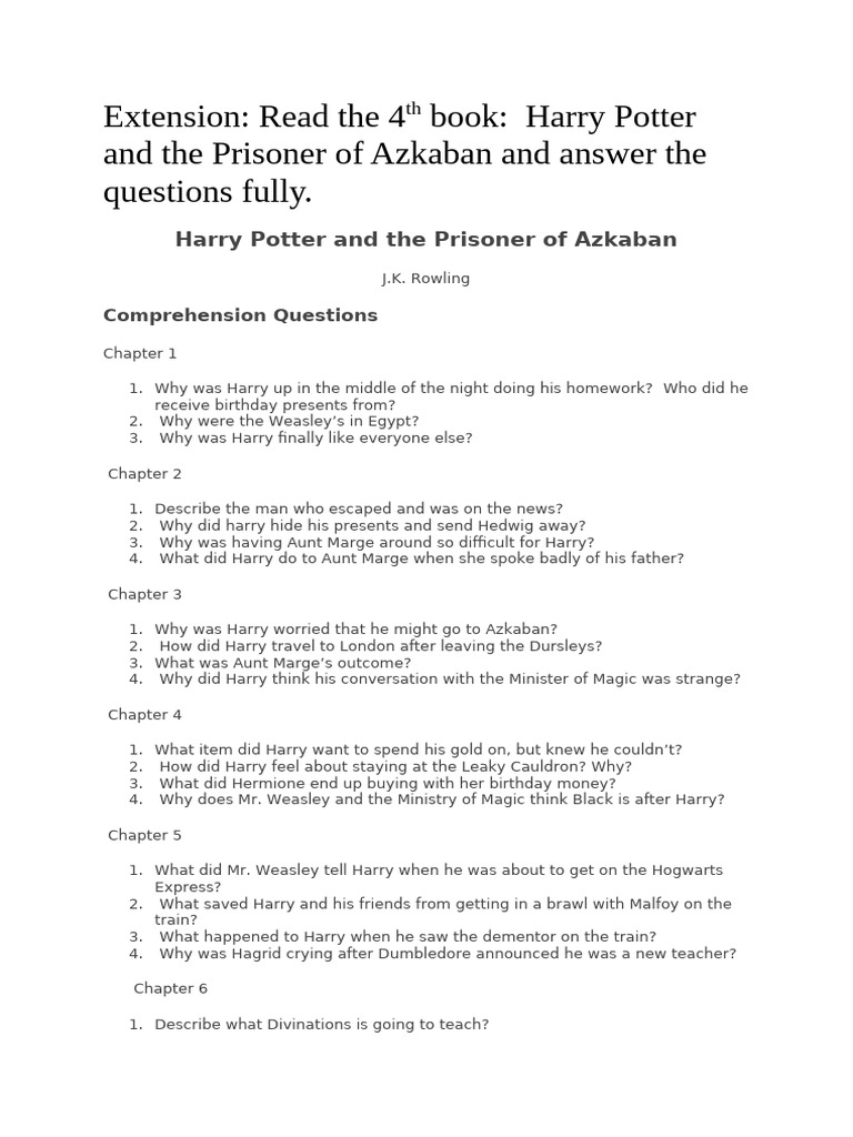 Harry Potter Prisoner of Azhaban Questions | PDF | Harry Potter ...