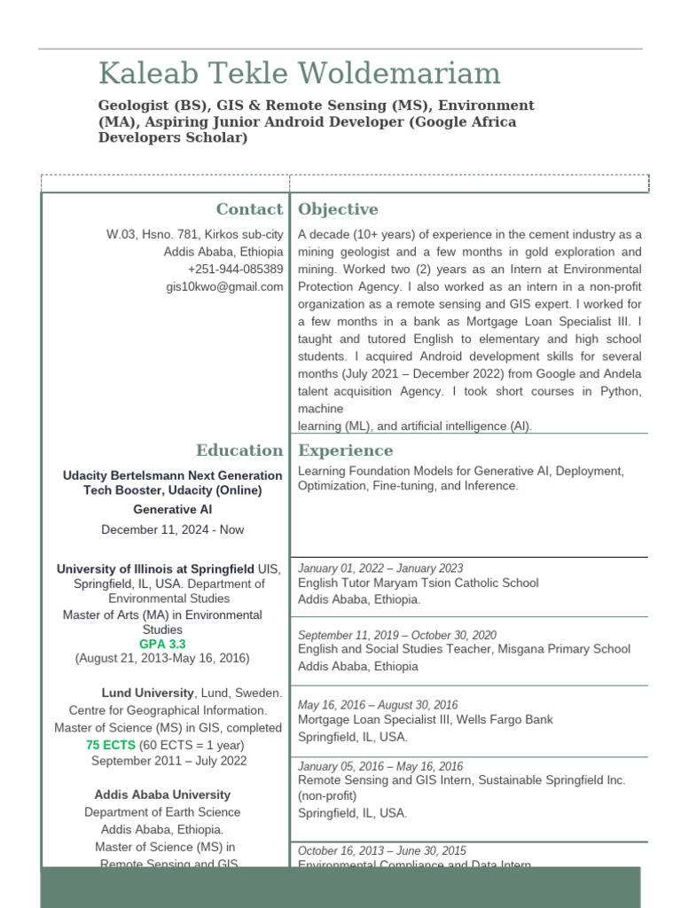 Kaleab Tekle Woldemariam Hub Director Resume | PDF | Geographic ...