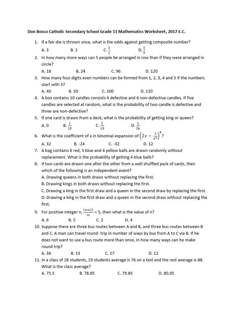 Grade 11 Math Worksheet - Don Bosco 2017 | PDF | Mathematics