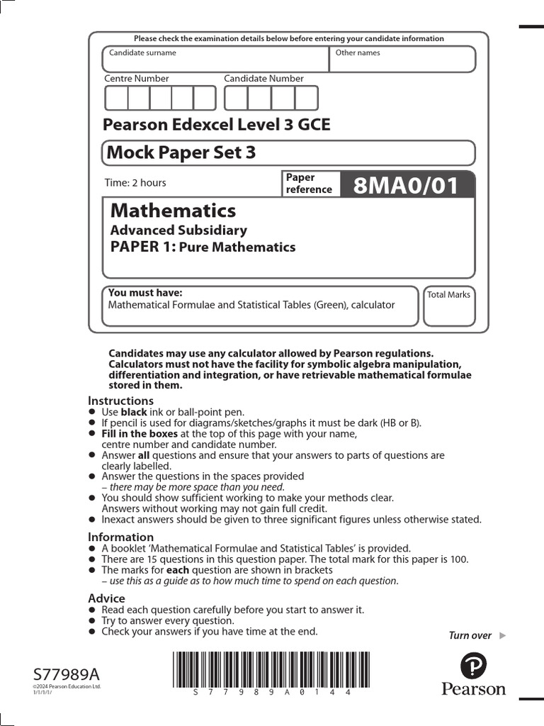 Level 3 GCE Mathematics Mock Paper 3 | PDF | Mathematics | Mathematical ...