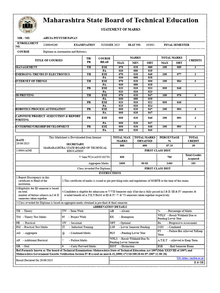 Https Result - Msbte.ac - InpcwebBTRespcResult01pcfrmViewMSBTEResult - Aspx | PDF | Educational ...