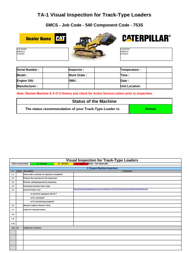 TA1 Visual Inspection Form Master - Track Loader | PDF | Mechanical Engineering | Manufactured Goods