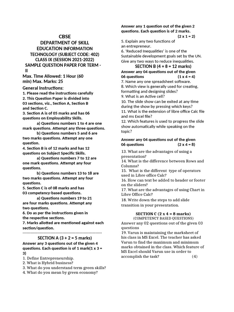 Class 9 It 402 Sample Term 2 | PDF | Multiplication | Microsoft Excel