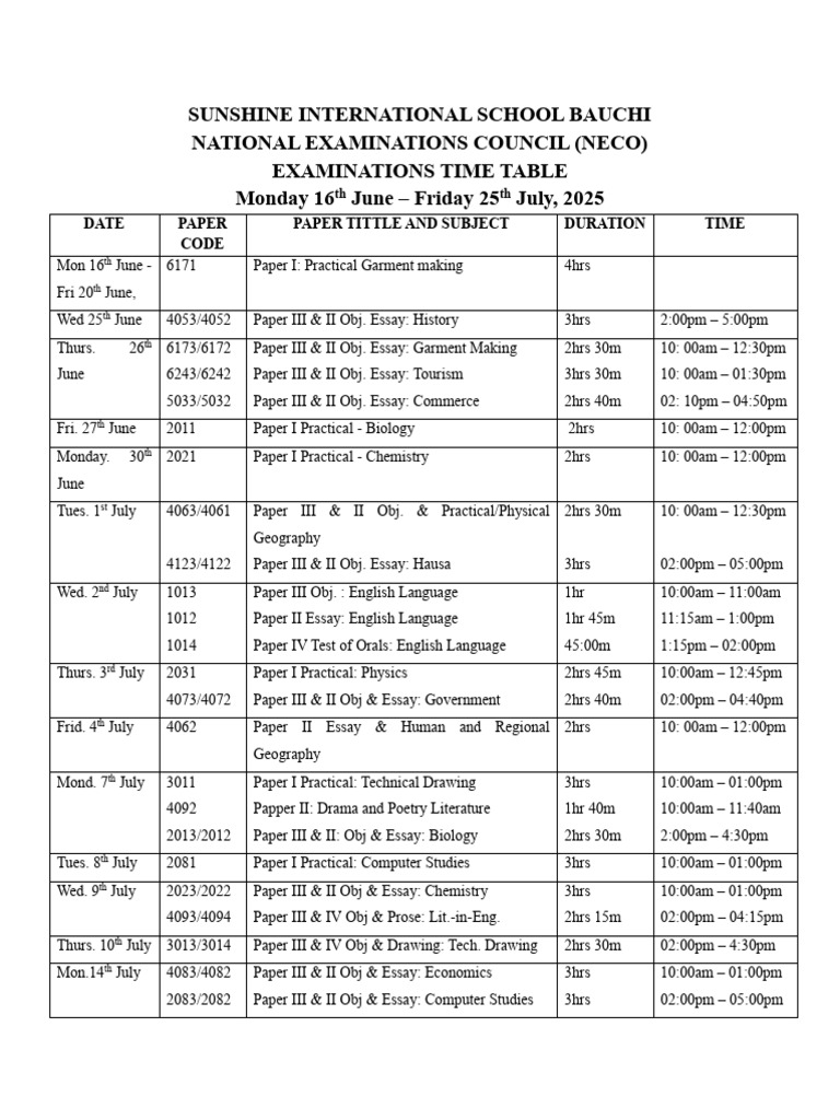 NECO GCE Timetable 2025 Details | PDF