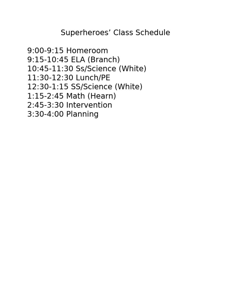 Superheroes Class Schedule Overview | PDF
