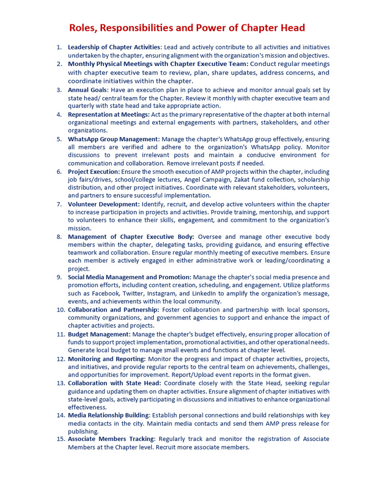 Chapter Head Roles and Responsibilities Guide | PDF | Social Media ...