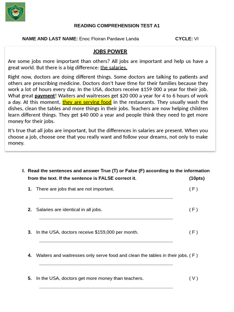 Reading Comprehension Test A1 1 | PDF | Waiting Staff | Chess Openings