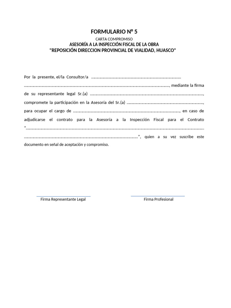 FORMULARIO N ° 5 - Carta Compromiso | PDF