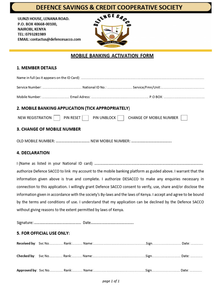 Mobile Banking Form | PDF