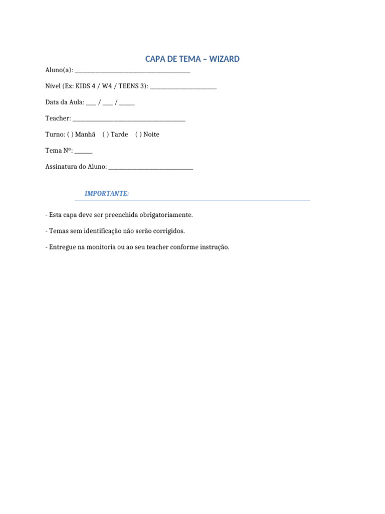 Capa de Tema Wizard para Alunos | PDF