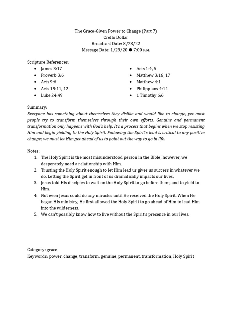 1.29.20 The Grace Given Power To Change Part 7 Change7 | PDF
