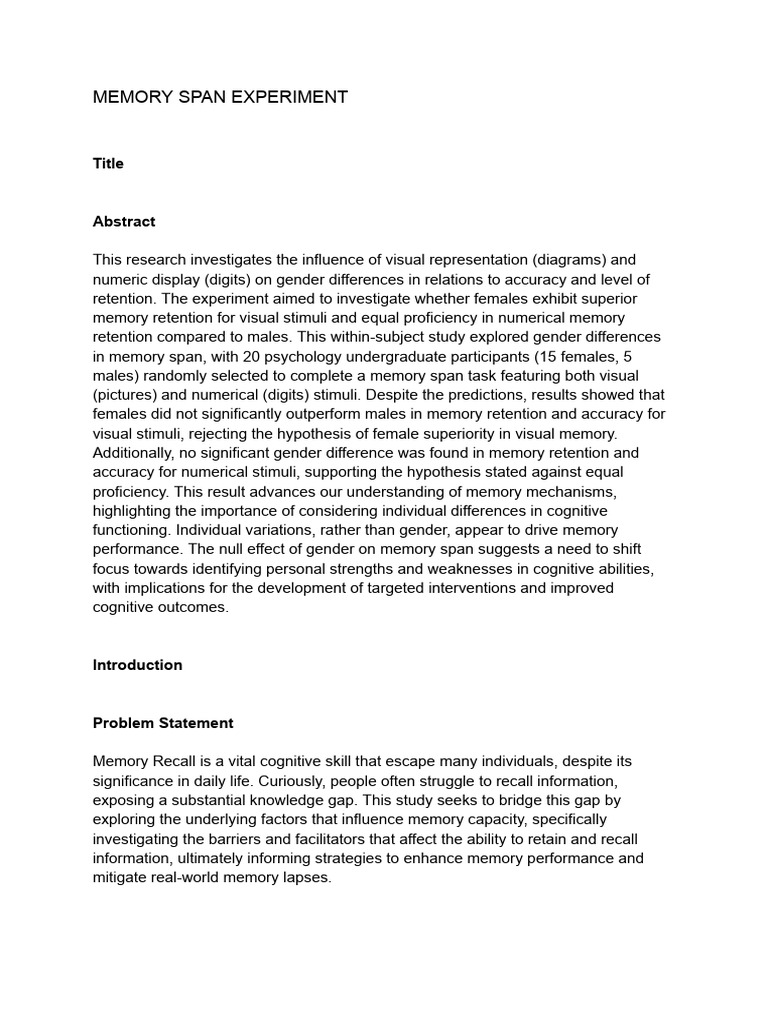 Gender Differences in Memory Span Study | PDF | Memory | Cognition