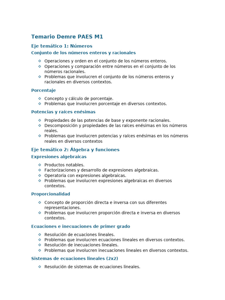 Temario Demre PAES M1 & M2 | PDF | Ecuaciones | Rotación