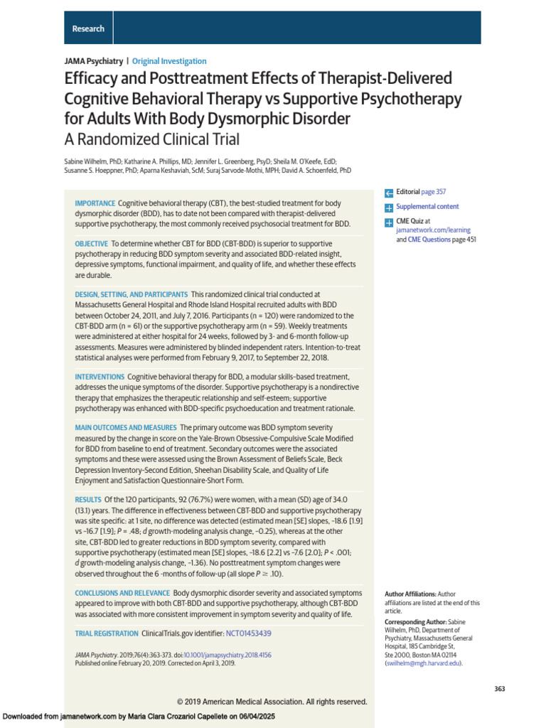 Efficacy and Posttreatment Effects of Therapist-Delivered CBT Vs ...