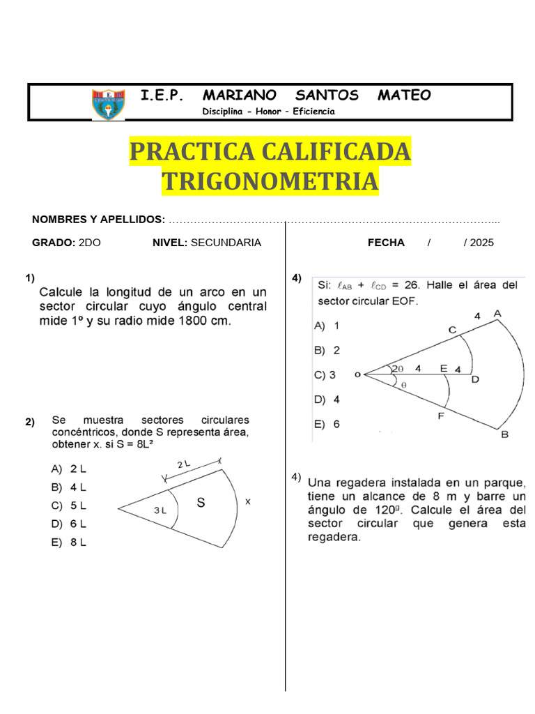 Practica Calificada 2do de Secundaria Trigonometria 2222 | PDF