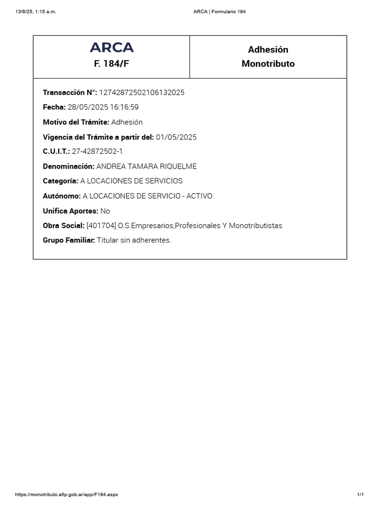 ARCA - Formulario 184 | PDF