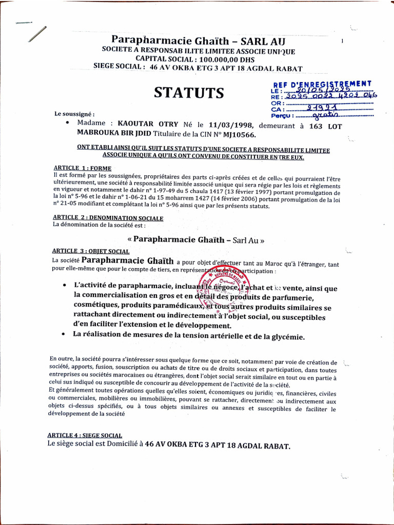 Statuts En. Parapharmacie Ghaïth | PDF