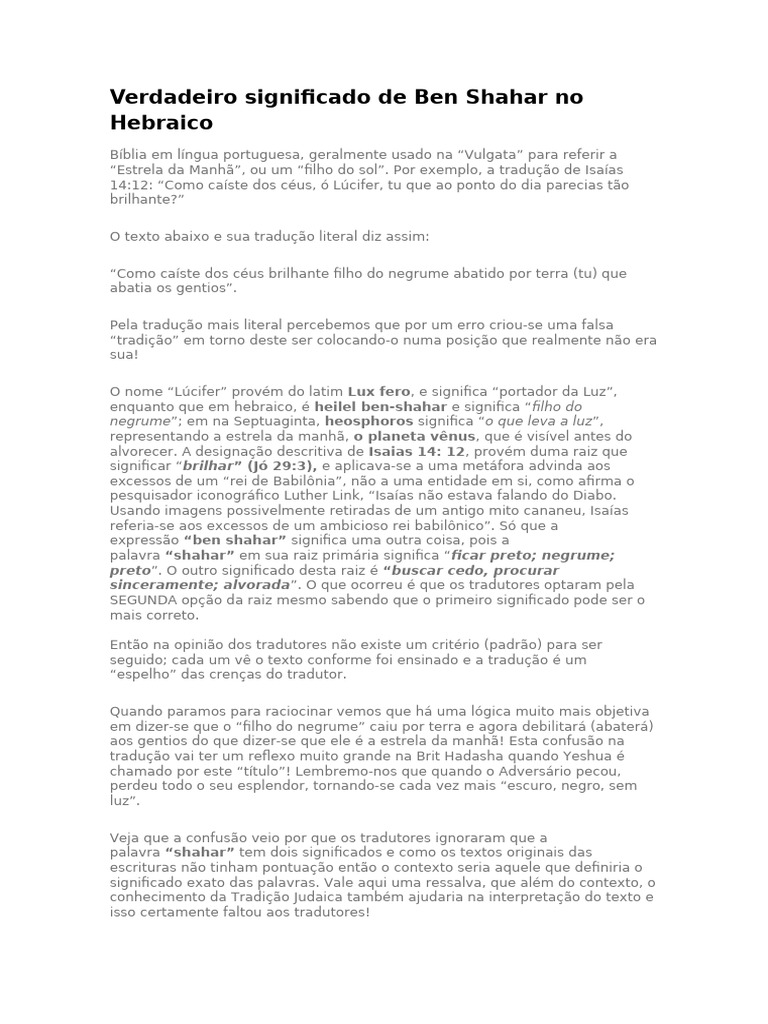 Significado de Ben Shahar No Hebraico | PDF | Lúcifer
