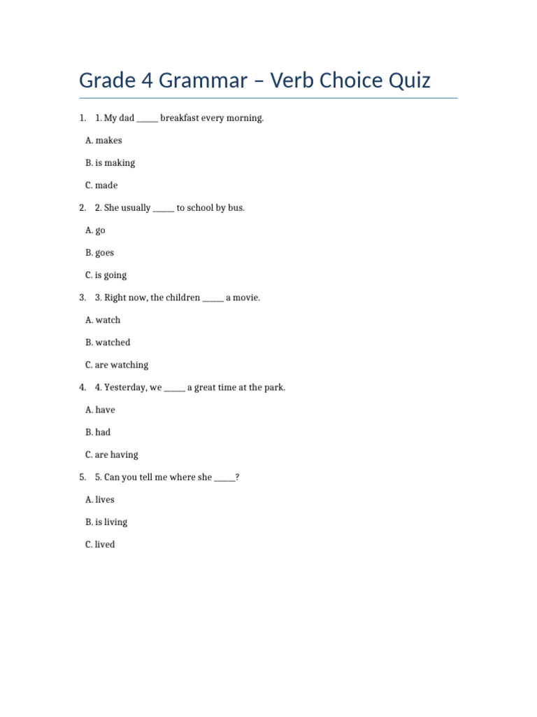 Grade4 Grammar Verb Quiz | PDF