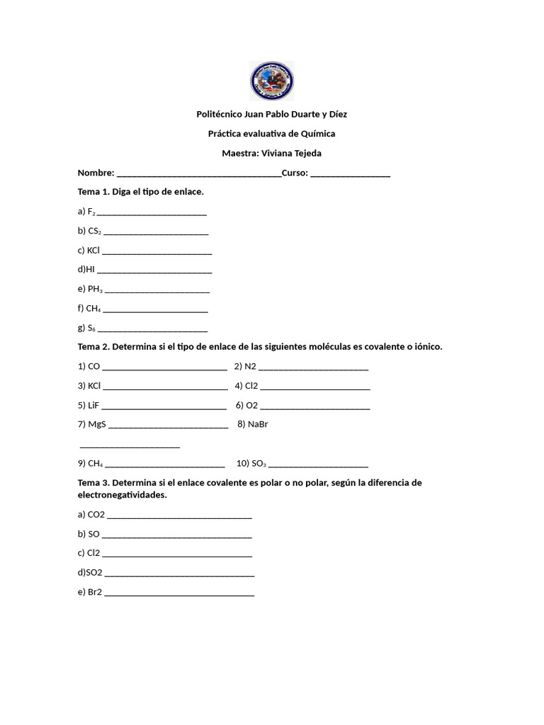 Pràctica Evaluativa P3 QUÌMICA | PDF | Enlace químico | Enlace covalente