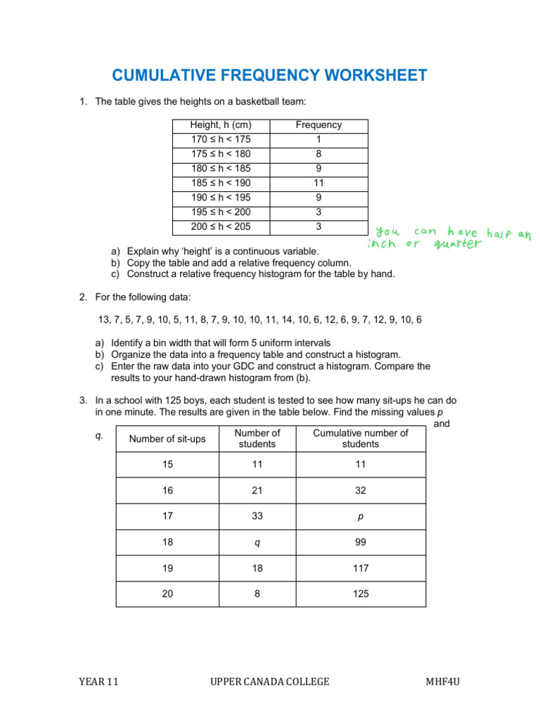 Cumulative Frequency Worksheet | PDF