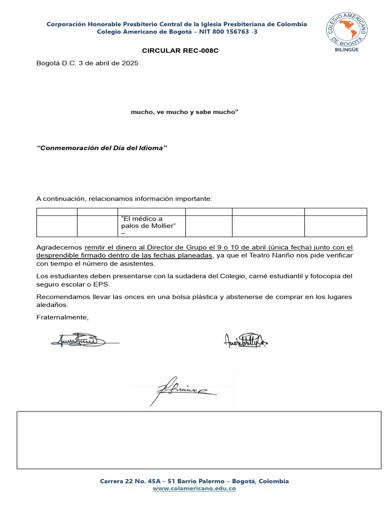 CIRCULAR REC-008 SALIDA OBRA DE TEATRO - 6° A 8° | PDF
