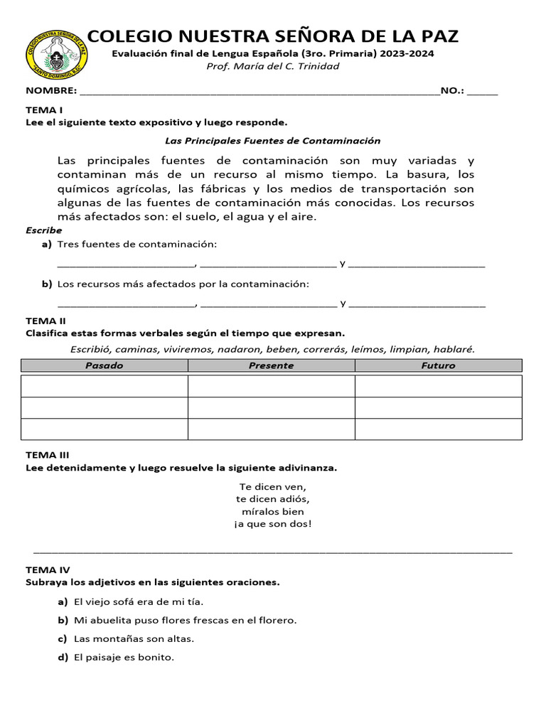 Evaluación Final de Lengua Española (3ro. Primaria) 2023-2024 | PDF ...