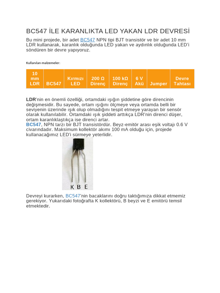Bc547 İle Karanlikta Led Yakan LDR Devresi̇ | PDF