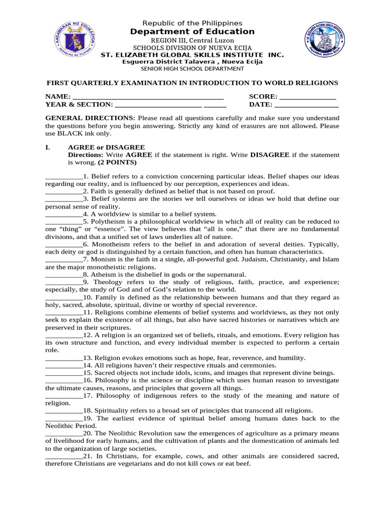 Exam on World Religions Concepts | PDF | Jewish Holidays | Religious Faiths