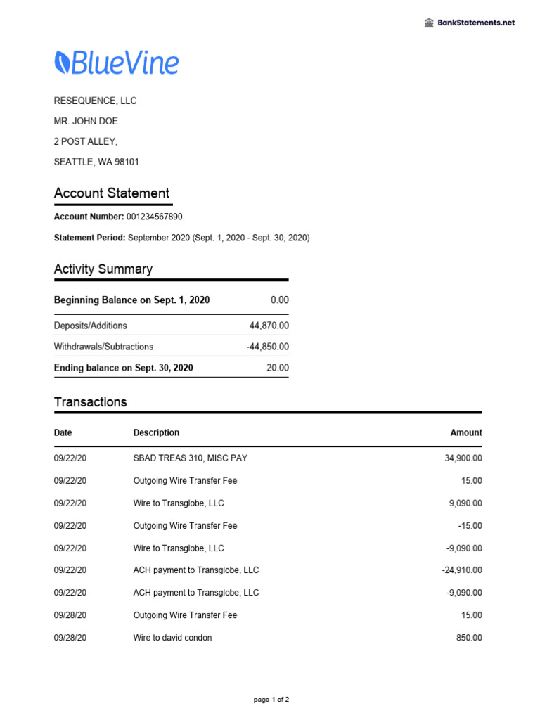 Bluevine Account Statement - Sept 2020 | PDF