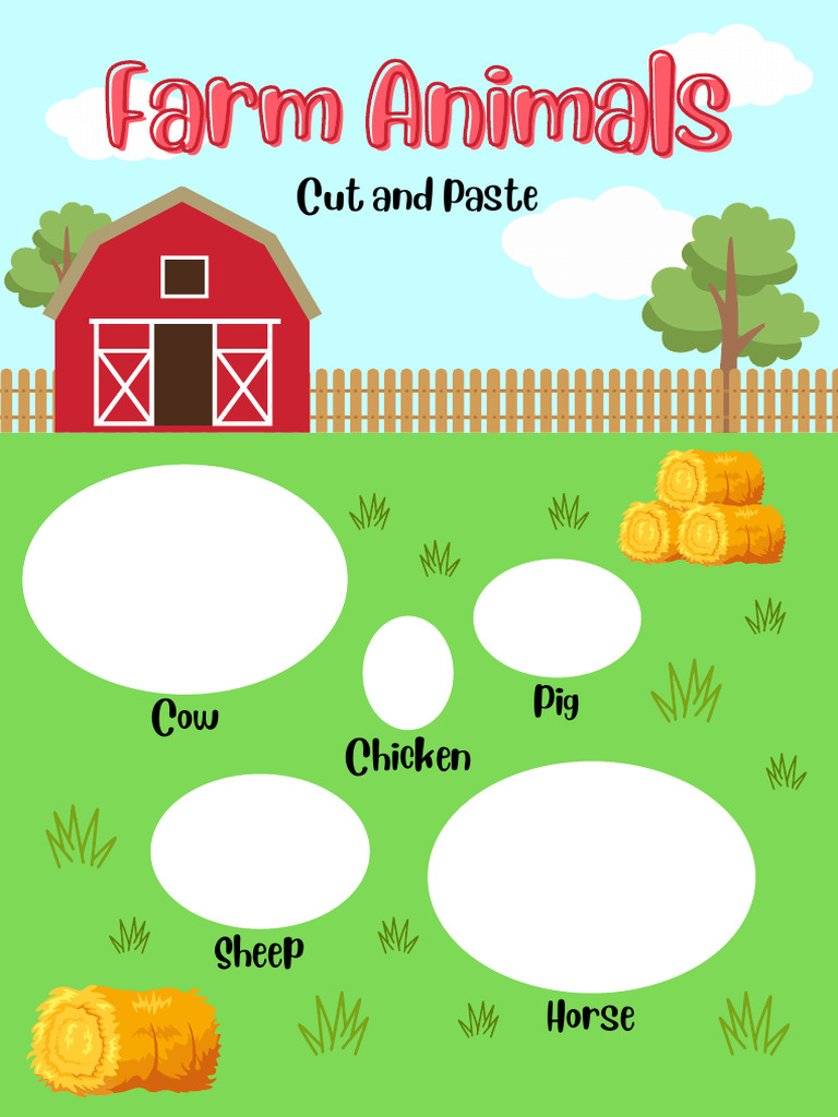 Farm Animals Cut and Paste Worksheet in Green White Cute Style ...