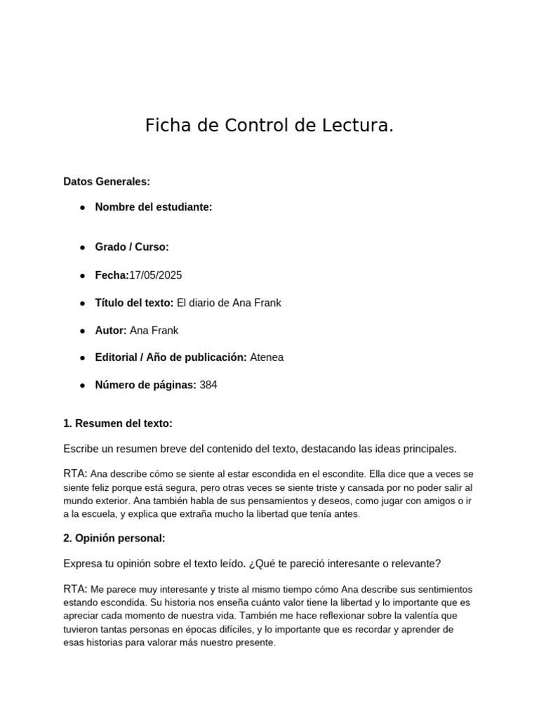 Control de Lectura: Ana Frank | PDF
