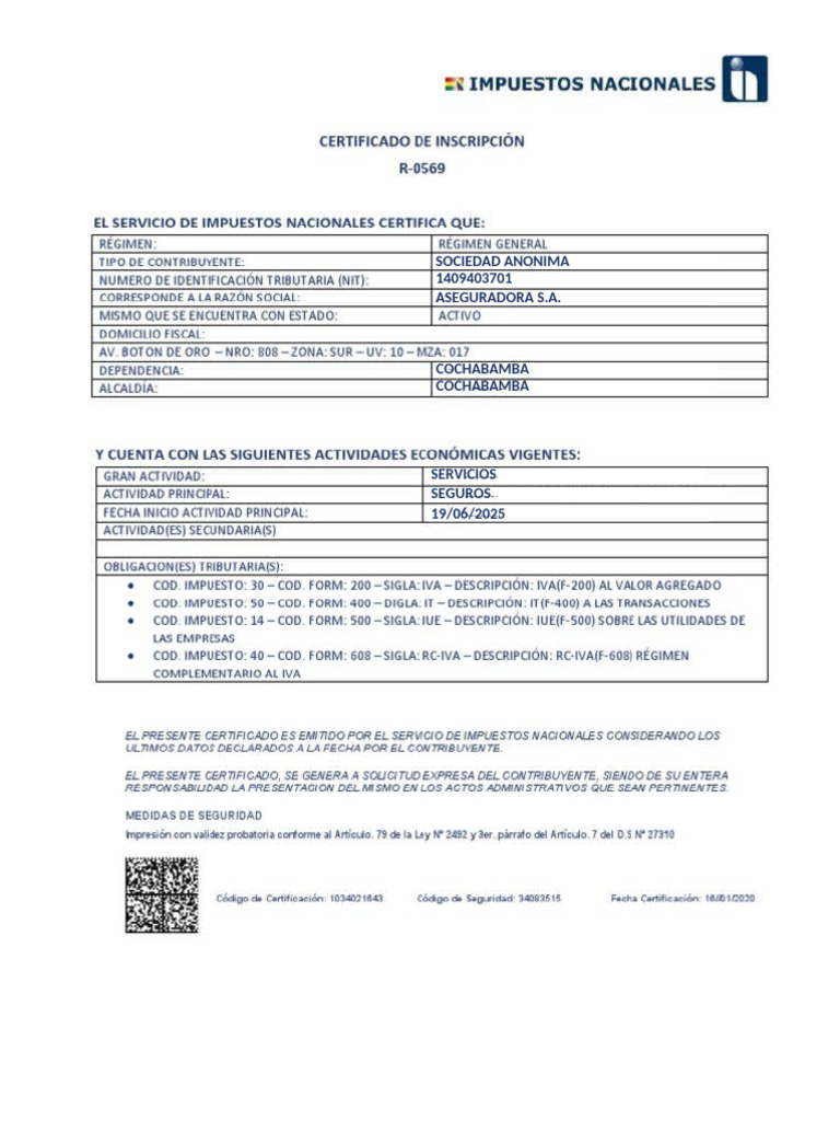 Certificado de Inscripcion Sin | PDF