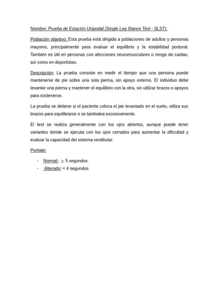 Puntaje en Estación Unipodal | PDF