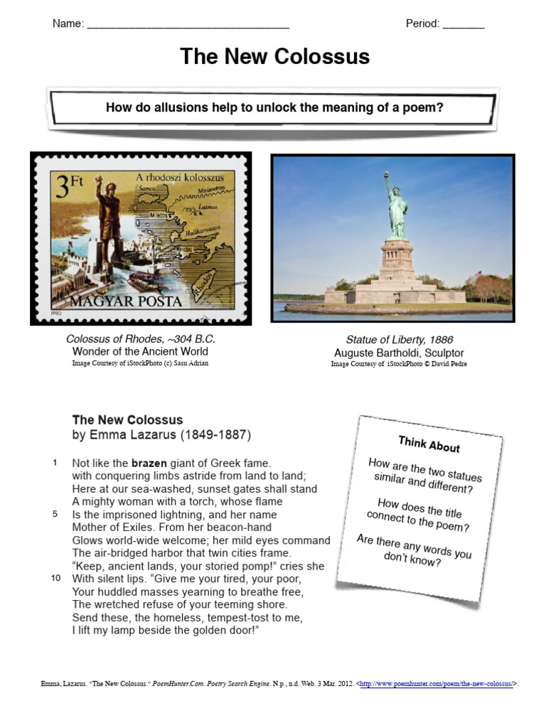 New Colossus Poem by Lazarus Scholatic Update | PDF | Poems | Poetry