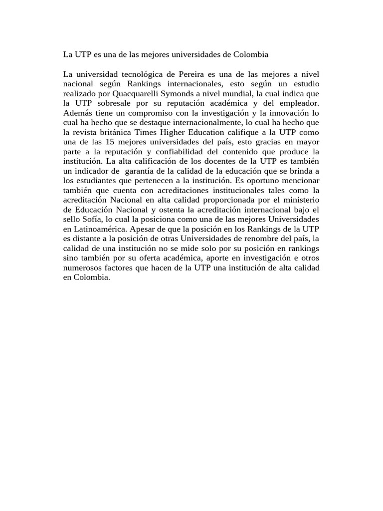 La UTP, Una de Las Mejores Universidades de Colombia | PDF