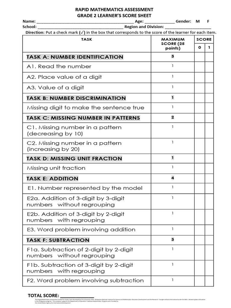 Grade 2 Rapid Math Assessment Score Sheet | PDF | Mathematics