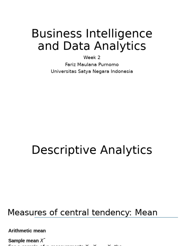 Business Intelligence and Data Analytics - Week 2 | PDF | Mean | Variance