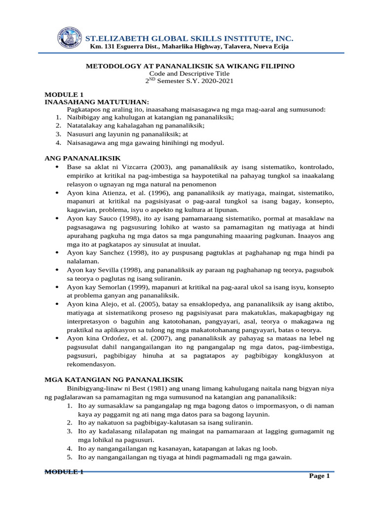 Module 1 Metodology at Pananaliksik Sa Wikang Filipino | PDF