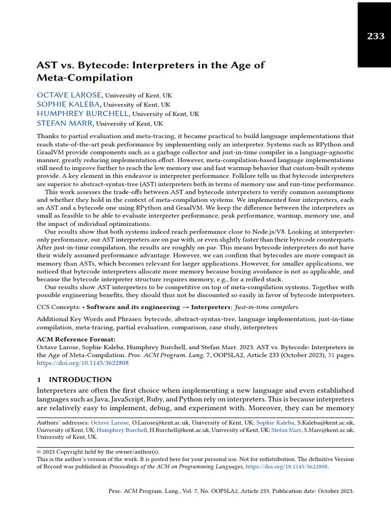Oopsla23 Larose Et Al Ast Vs Bytecode Interpreters in The Age of Meta Compilation | PDF ...