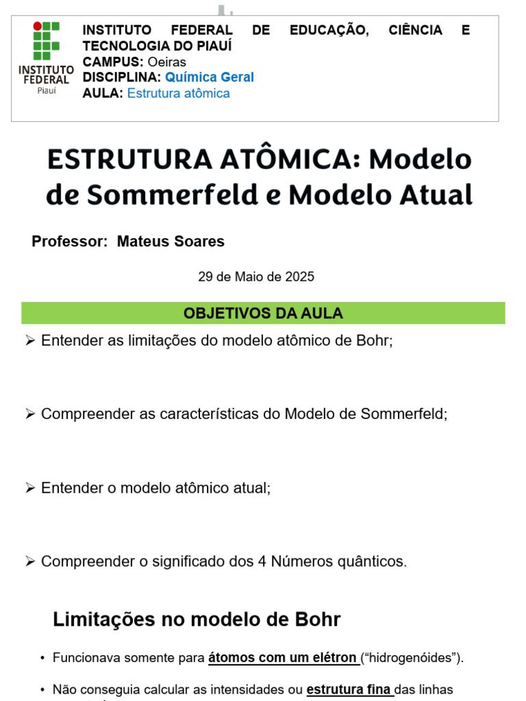 Estrutura Atã - Mica - Modelo de Sommerfeld e Atual - Nã - Meros Quã ...