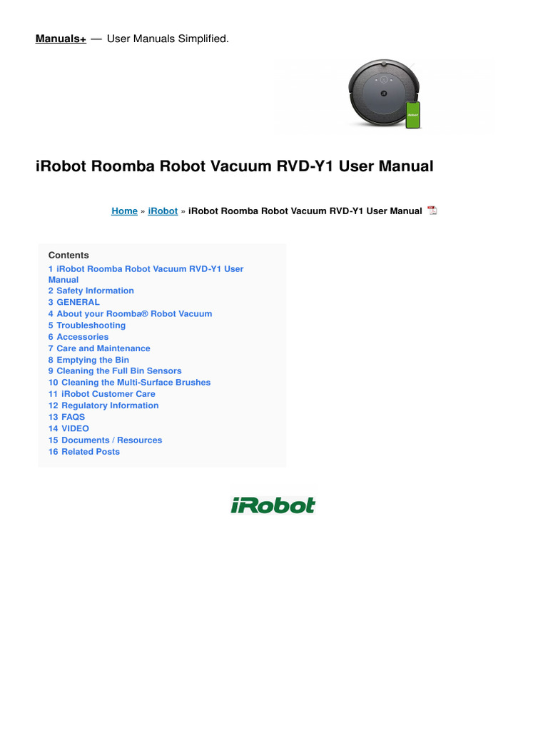 Roomba Robot Vacuum RVD Y1 Manual PDF | PDF | Manufactured Goods ...