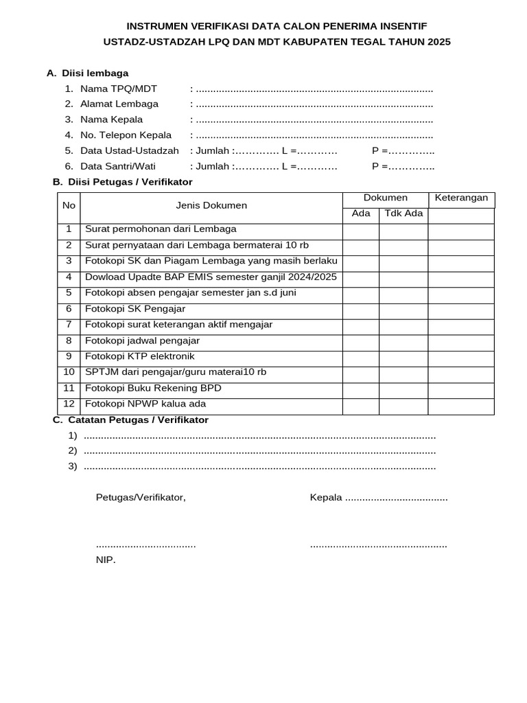 Instrumen Validasi Dan Finalisasi Data Calon Penerima Insentif | PDF