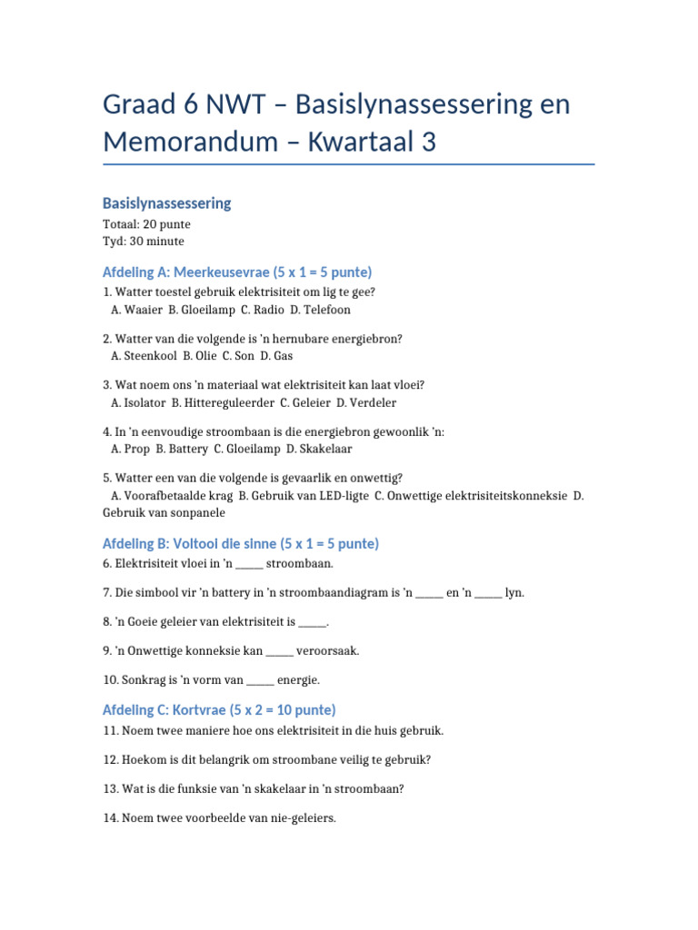 Gr6 NWT Basislynassessering en Memo Kwartaal3 | PDF