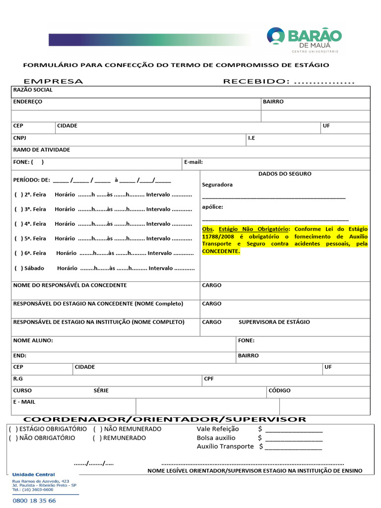 Formulário de Termo de Compromisso de Estágio | PDF | Estágio | Procura ...