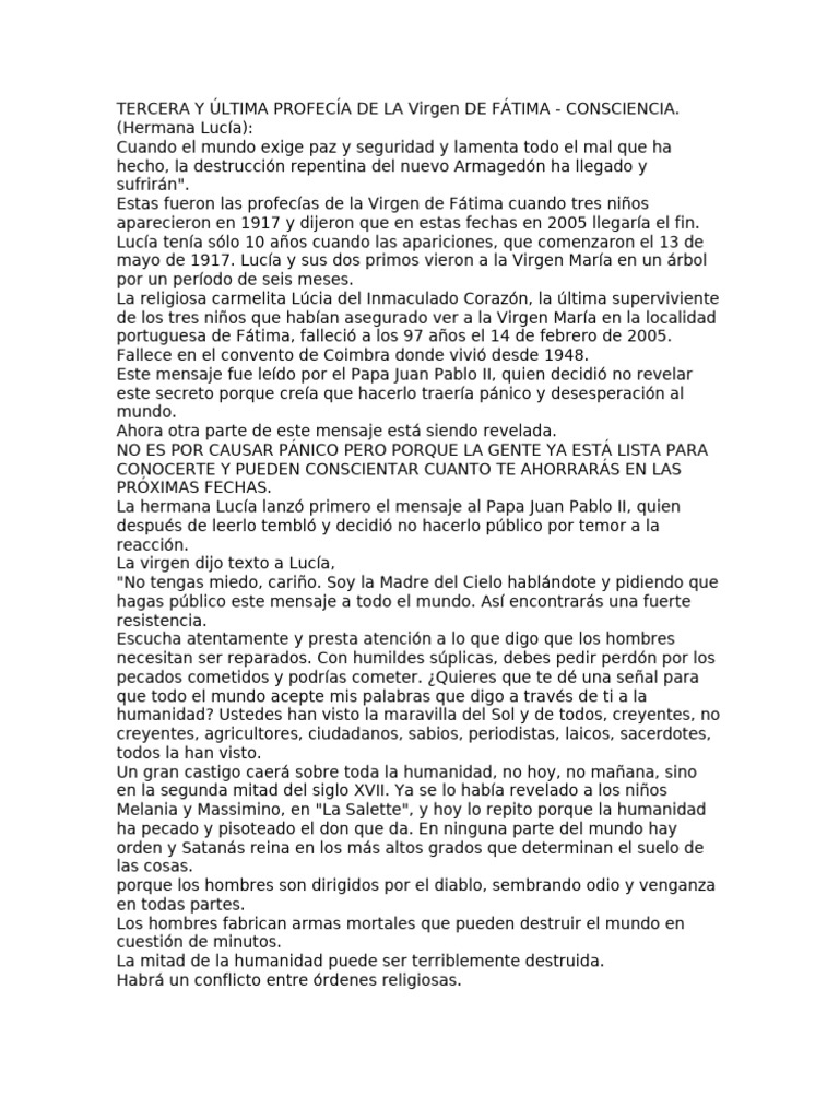 Tercera y Última Profecía de La Virgen de Fátima | PDF | María, madre ...