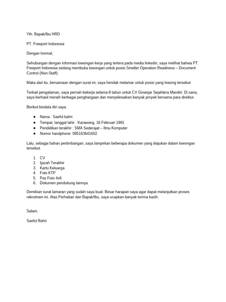 Surat Lamaran Kerja - Saeful Bahri | PDF