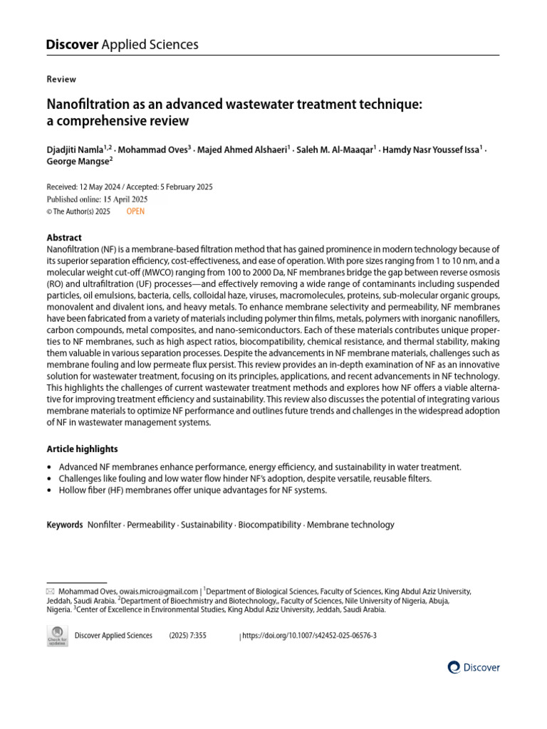 Nanofiltration As An Advanced Wastewater Treatment Technique A ...